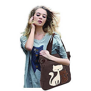 KAUKKO Women Canvas Handbag Shoulder Bag Cat Big Tote Bag Coffee
