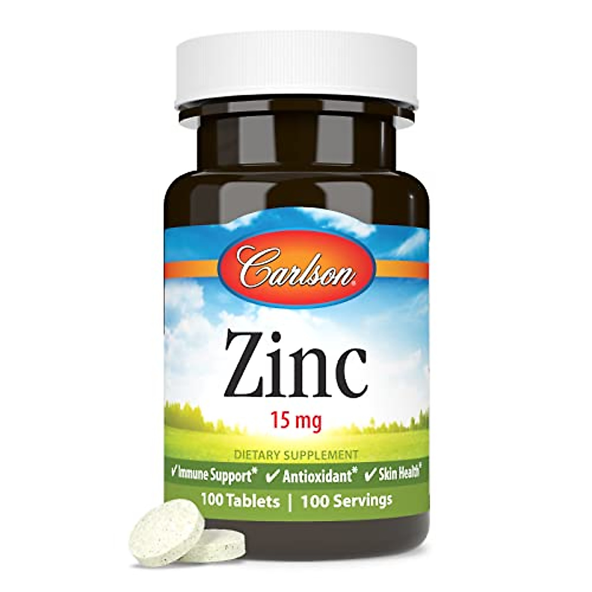 Carlson - Zinc, 15 mg, Zinc Supplement, Zinc Gluconate, Immune Support & Skin Health, Zinc Tablets, Antioxidant, Zinc Capsules, 100 Tablets