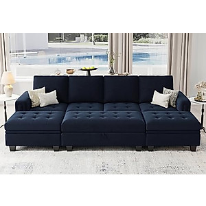 Belffin Velvet Convertible 4-Seat Sectional Sleeper Sofa with Reversible Chaise Sleeper Sectional Couch Bed with Storage Ottoman Sectional Sofa Couch Set Blue