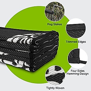 ONME Outdoor Rug RV Mat Recycled 9x12FT Reversible Mats with 8 Corner Loops for Outdoors, Patio, Backyard, Deck, Picnic, Beach, 8 Stakes and Carry Bag Included (Black and White Paisley)