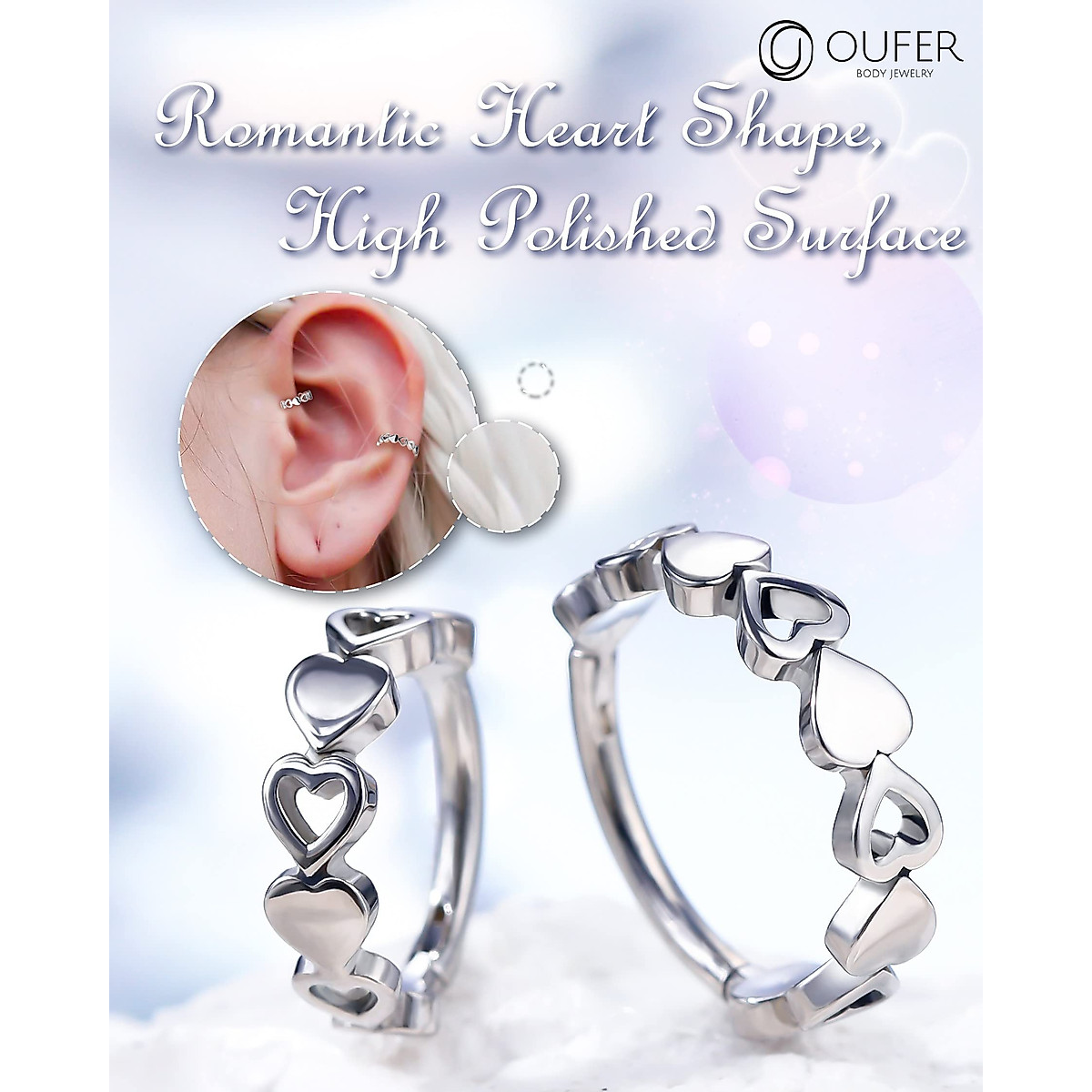 OUFER 16G Helix Earring Hoops, 316L Stainless Steel Helix Piercing Jewelry, Heart-Shaped Design Cartilage Earrings, Conch Daith Lobe Piercing Jewelry For Women And Men-10MM