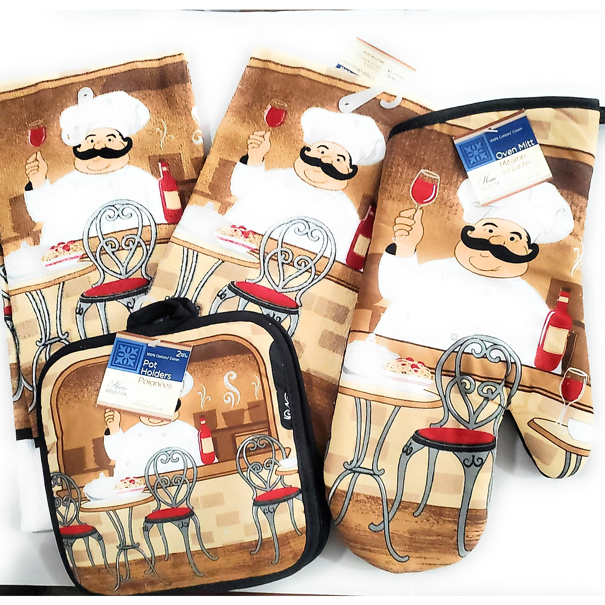 Collection Italian Chef Decor 5 Piece Printed Kitchen Linen Set Includes 2 Towels 2 Pot Holders 1 Oven Mitt