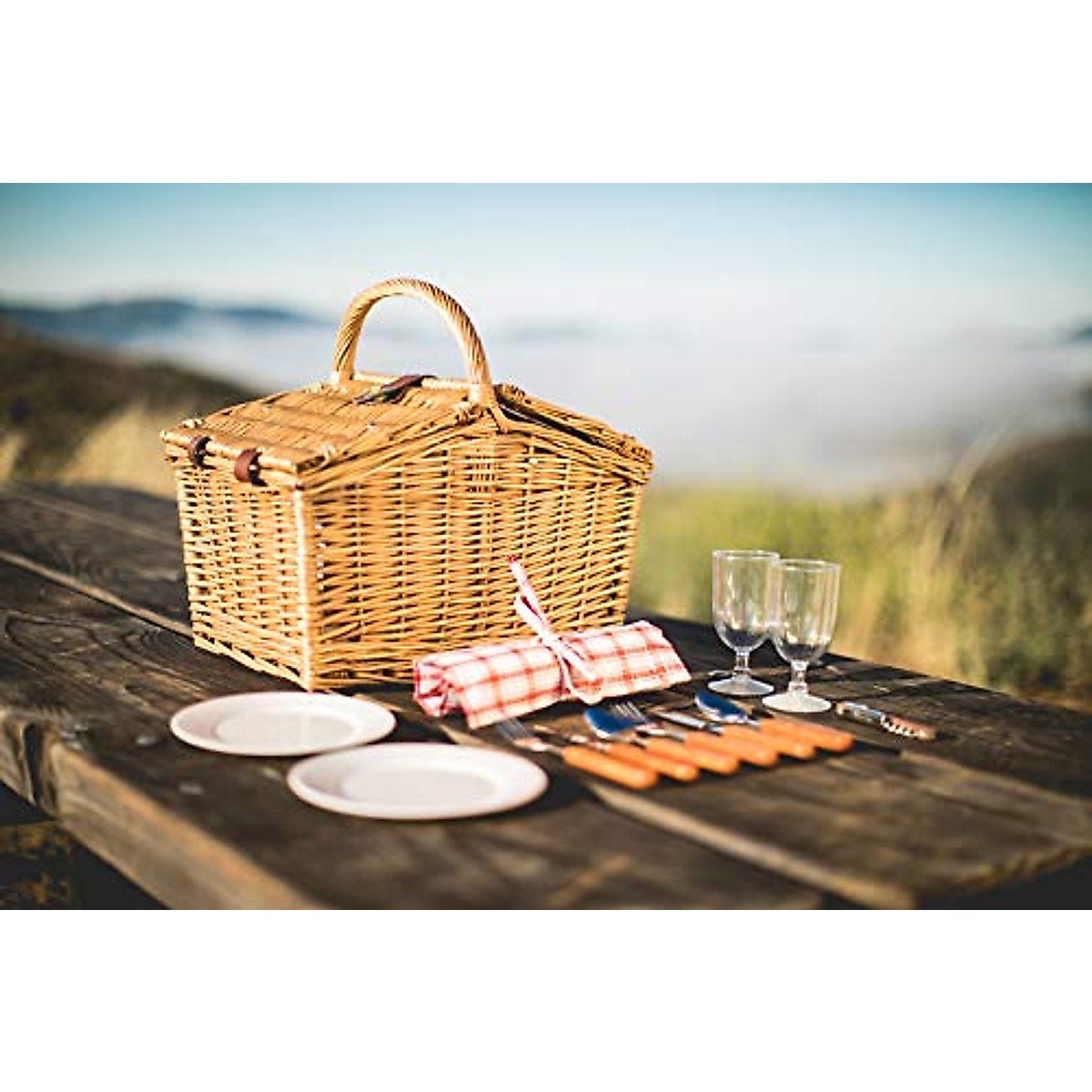 PICNIC TIME Piccadilly Picnic Basket - Romantic Picnic Basket for 2 with Picnic Set, (Red & White Plaid Pattern)