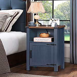 Joaxswe Night Stand with Charging Station and USB Port, 18 Inch Farmhouse Nightstand with Storage Shelf, Rustic Couch End Table with Magnetic Door, Wood Bed Side Tables for Bedroom, Home, Nayv Blue