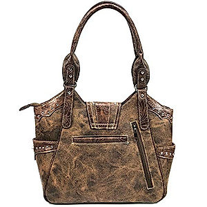 Zelris American Albino Western Floral Buckle Conceal Carry Women Tote Purse Handbag with Crossbody Wallet Set (Brown)