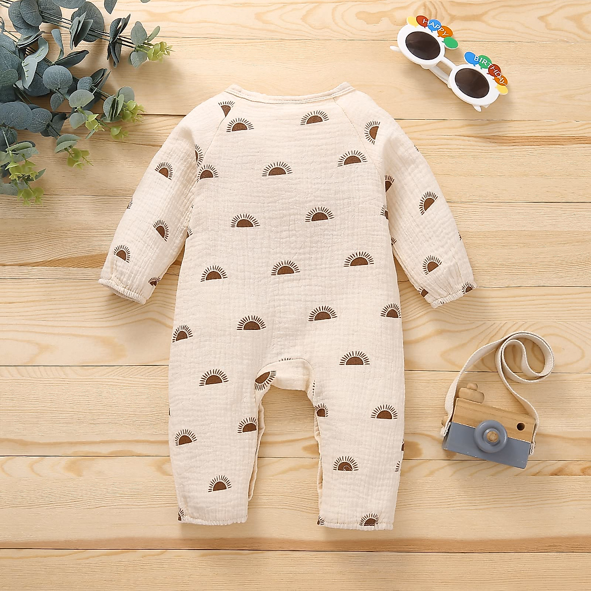Kupretty Newborn Infant Baby Boy Cotton Linen Button Sun Print Romper Bodysuit One Piece Jumpsuit Playsuits Fall Outfits (Linen Beige, 0-3 Months)