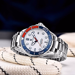 Pagani Design 007-Model Automatic Diving Watches for Men NH35 Movement, Stainless Steel Materials, Rotating Ceramic Bezel, Sapphire Domed Mirror, 100M Waterproof Mechancial Self Winding Wrist Watch