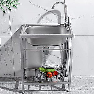 Stainless sink,1 compartment commercial kitchen sink,utility sink single bowl stainless steel,Thickened stainless steel single sink with stainless steel bracket and 360° swivel faucet, (Color : High