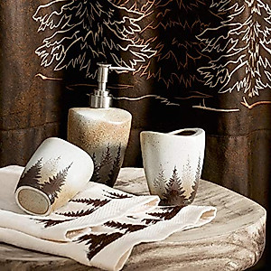 Paseo Road by HiEnd Accents | Clearwater Pines 3 Piece Rustic Countertop Bathroom Accessory Set with Soap Lotion Dispenser, Tumbler, Toothbrush Holder, Forest Pine Tree Cabin Theme Bath Accessories