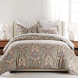 Levtex Home - Kasey Duvet Cover Set - Full/Queen Duvet Cover + Two Standard Pillow Cases - Paisley - Red, Beige, Maroon, Taupe and Blue - Duvet Cover (90 x 94in.) and Pillow Case (26 x 20in.) - Cotton