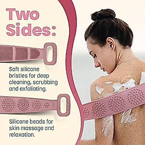 Silicone Back Scrubber for Shower- 32 and 36 Inches Back Body Brush Extra Long for Exfoliating & Massaging Hygienic Back Washer with Handle, Shower Silicone Back Scrubber for Men and Women, Pink.