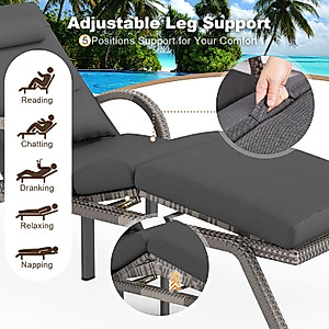 MEISSALIVVE Outdoor Lounge Chairs Set of 2, Pool Lounge Chairs with Adjustable 5 Position Backrest & Leg Support, PE Rattan Chaise Lounge Patio Chairs for Backyard Porch Deck (Grey)