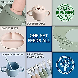 24 Pack Silicone Baby Feeding Set Baby Led Weaning Supplies Includes Suction Divided Plates Soft Bowl Spoons Forks Adjustable Bib Snack Cup and Straws for Baby Self Eating Feeding Supplies, 3 Colors