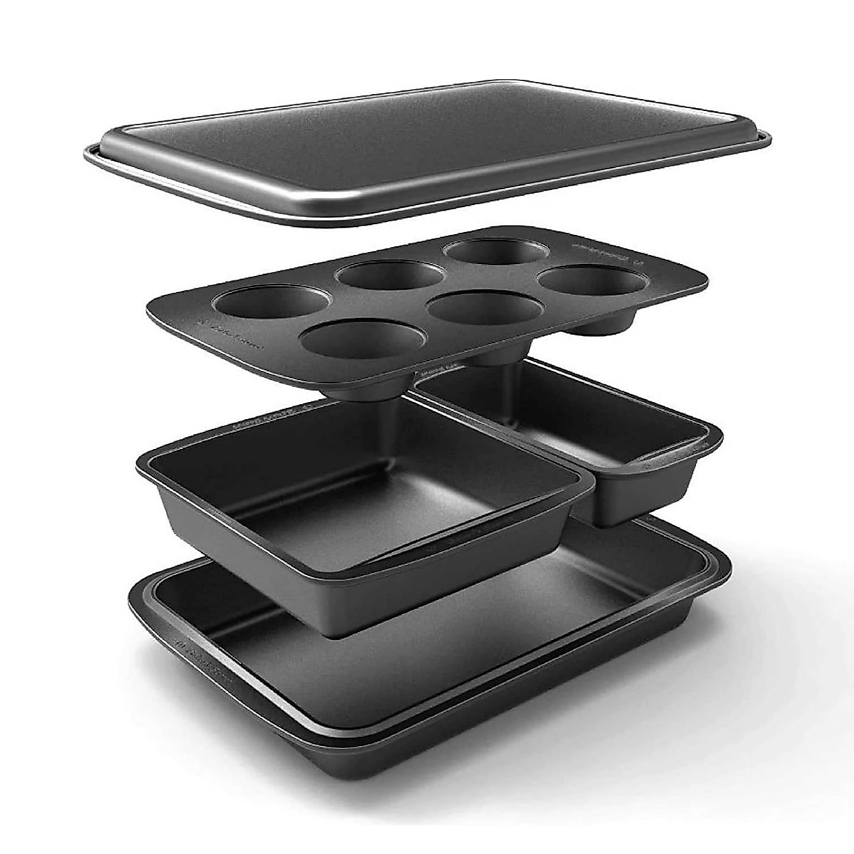 Baker's Secret Stackable Baking Set of 5 Bakeware Pans, Bakeware Set, Baking Pan Set Includes Muffin Pan, Roaster Pan, Square Pan, Cookie Sheet, Loaf Pan, Easy Store, Dishwasher Safe, Baking Supplies