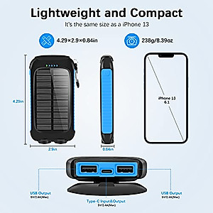 Dyuanup 20,000mAh Solar Charger Power Bank 2LED Flashlight IP65 Waterproof with Dual USB Outputs and Type C Input/Output Built-in Solar Panel for Outdoor Camping for All Cell Phones (Blue)