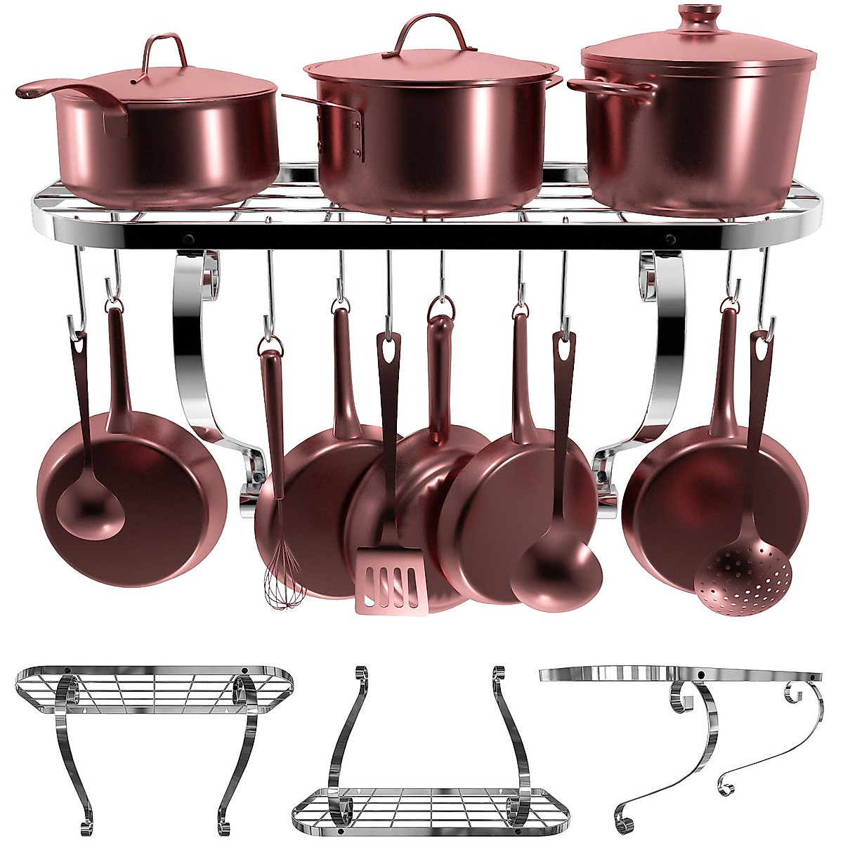 Vdomus Hanging Pot Rack Organizer, Wall Mounted Kitchen Pan Organizer Pots and Pan Storage with 10 Hooks, Kitchen cookware Storage Organizer, 24 by 10-inch (Sliver)
