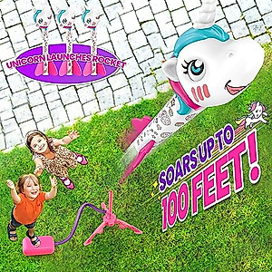 YOTOY Unicorn Rocket Launcher for Kids - Fun Outdoor Toys Launch of up to 100 Ft, 3 Unicorn Rockets, Gifts for 3 4 5 6 7 Years Old Girls and Boys