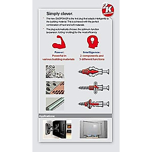 fischer DuoPower 1/4"x1-3/16", Powerful Universal Plug with Intelligent 2-Component Technology for fastenings in Concrete, Bricks, Gypsum plasterboard, chipboard, 100 Plugs Without Screws