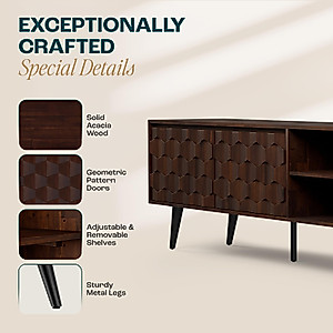 Bme Georgina 65 Inch Solid Wood TV Stand, Under 10 Minutes Assembly Entertainment Center with Storage, Geometric Pattern TV Console for Living Room, Bedroom, Dinning Room - Walnut