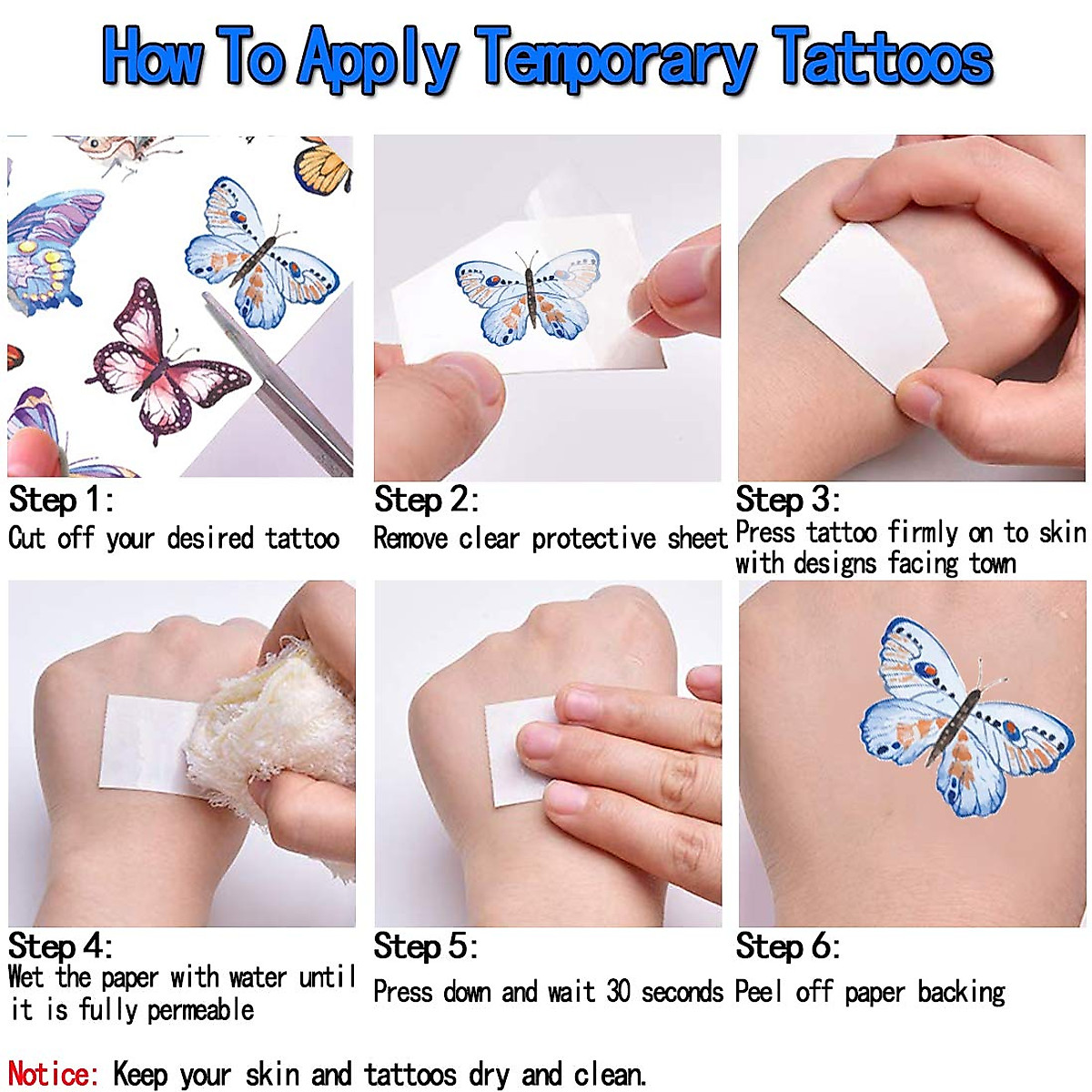 Temporary Tattoos for Kids, Christmas Birthday Party Supplies Unicorn Mermaid Butterflies Dinosaur Fake Tattoo Stickers Art(6 Sheets)