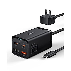 USB C Charger, Baseus 65W PD GaN3 Fast Wall Charger Block, 4-Ports [2USB-C + 2USB] Charging Station with 5ft AC Cable for MacBook Pro/Air, USB-C Laptop, iPhone 13/12, iPad Pro, Samsung Galaxy, etc