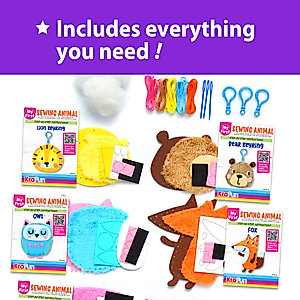 KRAFUN My First Sewing Animal for Kids, Beginner Art & Craft, 5 Easy Activities Stuffed Animal Dolls, Keyring Charms, Instructions & Felt Materials for Learn to Sew, Embroidery