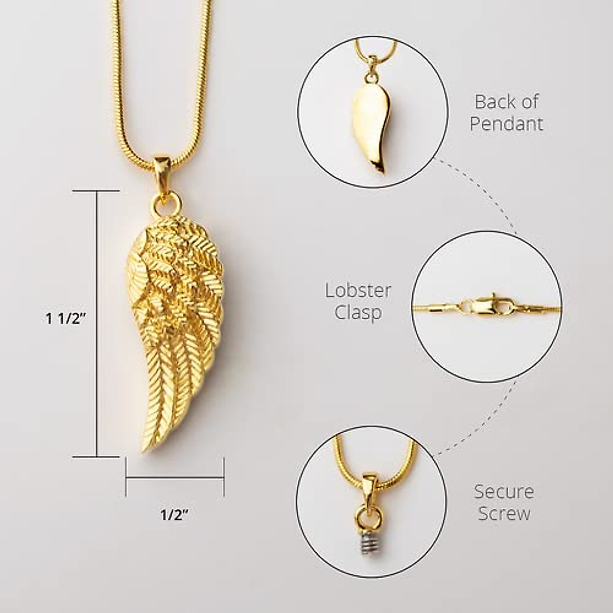 Perfect Memorials Custom Engraved Wing of an Angel 14k Gold Vermeil Cremation Jewelry (1 Cu/In) - Beautiful Keepsake Necklace/Memorial Urn Pendant For 1 Cu/In of Adult Human Ashes, Lock of Hair