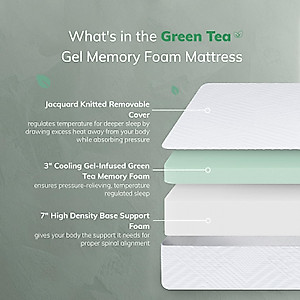 EGO White 10 Inch Full Green Tea Memory Foam Mattress, Gel Mattress Bed in a Box, CertiPUR-US Certified, Double Mattress, 54"x75", Medium Firm