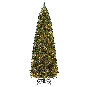 Yaheetech 7.5ft Pre-lit Kingswood Fir Pencil Artificial Hinged Christmas Tree Skinny Corner Xmas Tree with 350 Incandescent Warm White Lights Prelighted Xmas Tree with Foldable Stand, Green