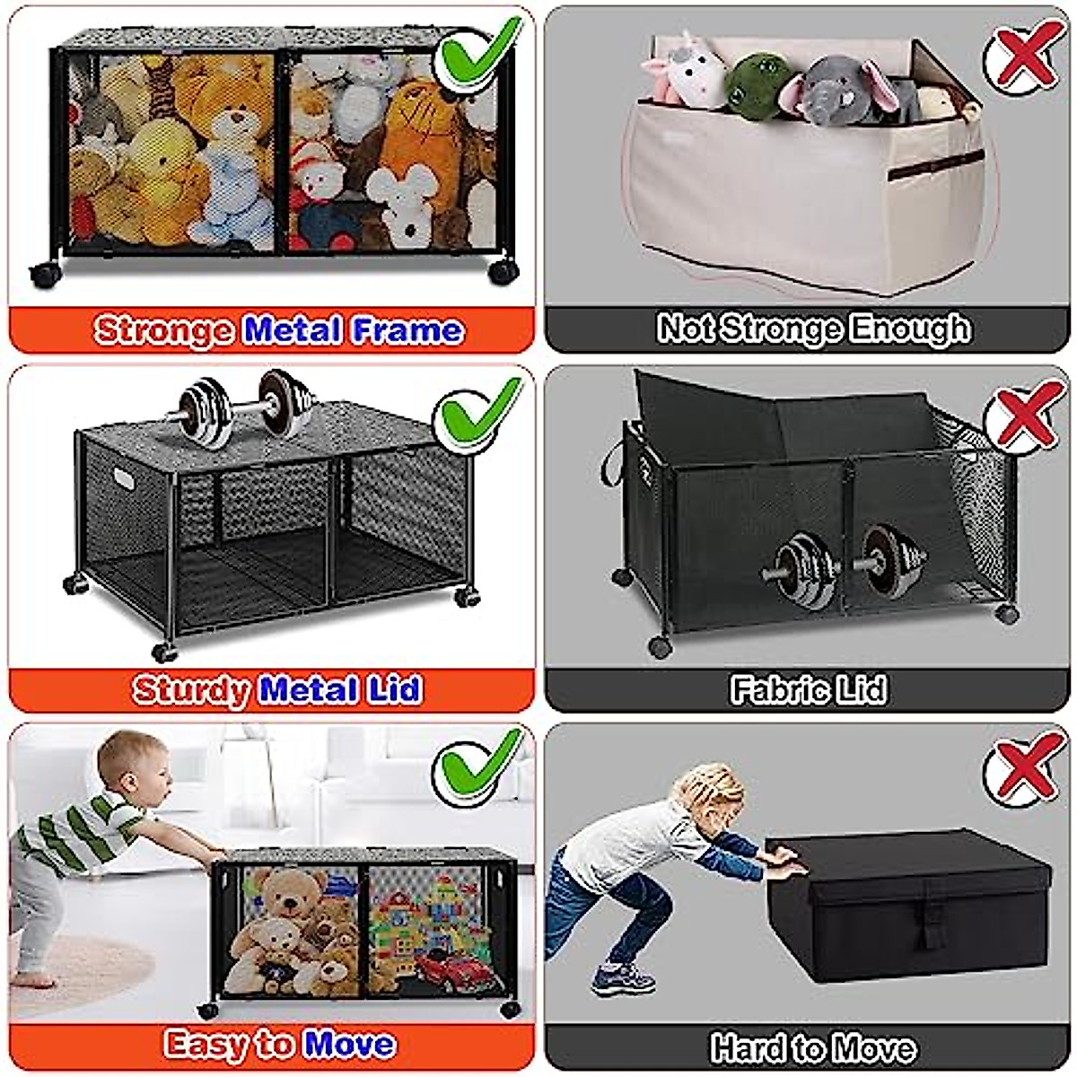 Haturi Large Metal Toy Box Storage, 2 Pack Large Toy Storage and Organizer with Metal Lid, Collapsible Sturdy Toy Organizer with Wheels, Storage Boxes Bins Baskets for Playroom, Living Room, Bedroom