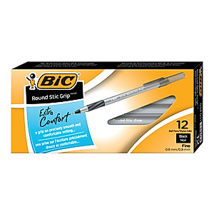 BIC Round Stic Grip Xtra Comfort Ballpoint Pen, Fine Point (0.8mm), Black, 12-Count
