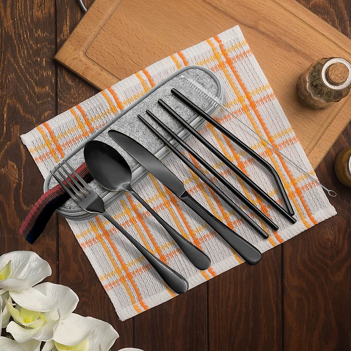 Travel Silverware Set with Case,Travel Flatware Set Includes Chopsticks Reusable,Fork, Knife and Straws, Black Utensils Set, Reusable Silverware for Lunch