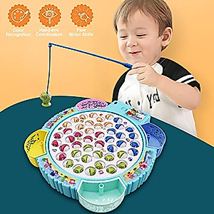 TuKIIE Fishing Game Toy Pole and Rod Fish Board Rotating with Music Includes 45 Fish and 4 Fishing Poles Fine Motor Skill Training Birthday Gifts for Children Kids Toddlers Boys Girls(Blue)