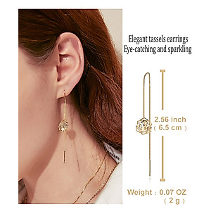 14K Gold Rose Flower Dangle Earring For Women Tassel Threading Long Chain Earrings For Women Drop Earrings For Bridesmaid