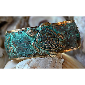 Elaine Coyne Collectible Artwear Classic Sea Turtle Cuff Bracelet - Verdigris Patina Brass