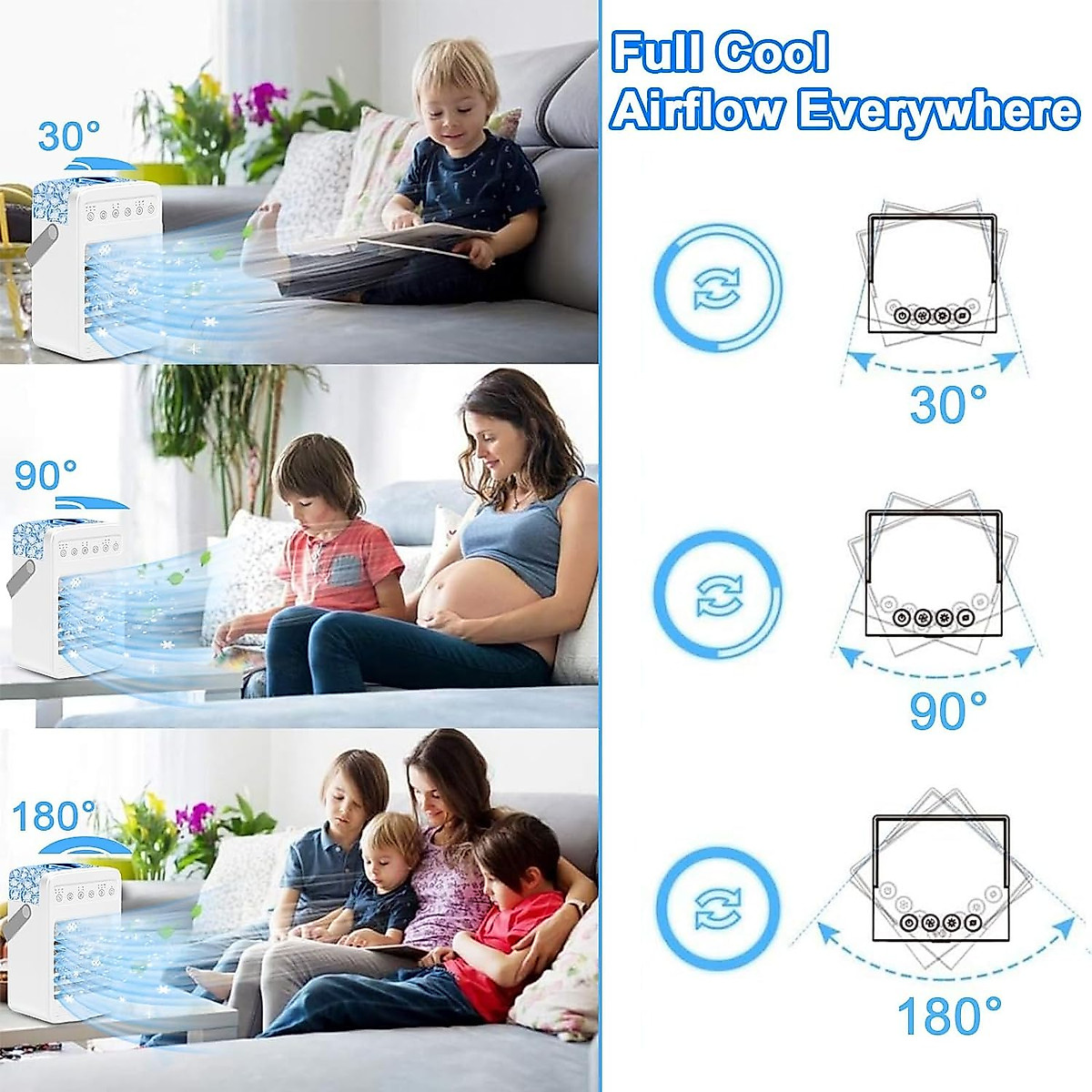 Portable Air Conditioners, 3-IN-1 Mini Air Conditioners,180 ° oscillation with 4 Wind Speed Air Cooler, 7 LED Light AC Unit, Large Water Tank Portable AC for Room/Living room/Classroom/Office/Garage