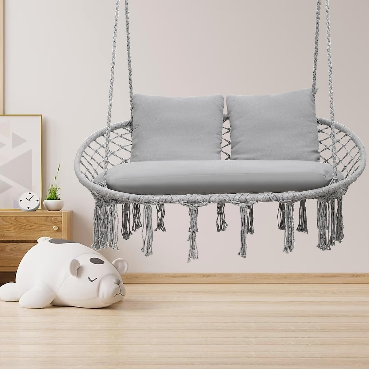 MoNiBloom Outdoor 2 Seat Hammock Chair with 3 Cushion, Indoor/Outdoor Hanging Macrame Swing Boho Chair for Adults, Max 700 lbs Capacity Patio Hanging Chair Porch Hammock Chair Hanging Rope Swing, Grey