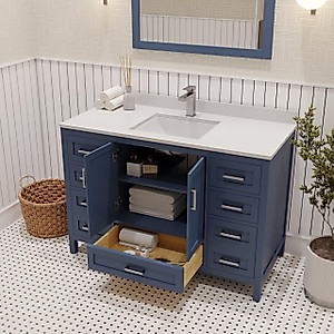 Ayna Decors Rooh 48 Inch Navy Blue Bathroom Vanity with Sink, Quartz Countertop, 2 Soft Closing Doors, and 7 Full Extension Drawers, Brushed Nickel Hardware