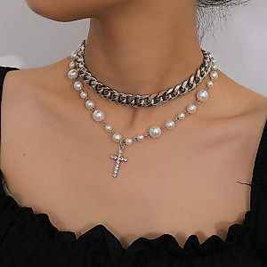 Pearl Cross Necklace for Women Silver Layered Crystal Cross Pendant Punk Chain Choker Necklace Dainty Jewelry