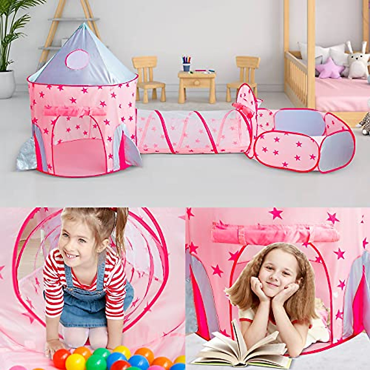 wilwolfer 3PC Princess Tent for Girls with Kids Play Tents, Crawl Tunnel and Baby Ball Pit for Toddlers, Pink Pop Up Playhouse Toys for Boys Indoor& Outdoor Games, Birthday Kid’s Gifts