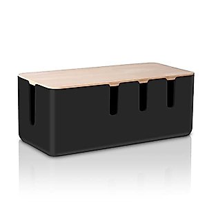 Cable Management Box by Baskiss, Solid Wood Lid, Cord Organizer for Desk TV Computer USB Hub System to Cover and Hide & Power Strips & Cords (Black, Medium)