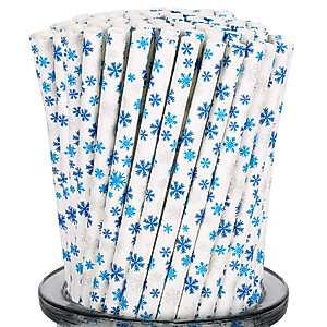Whaline 200Pcs Winter Paper Straws Snowflake Disposable Straw for Winter Holiday Xmas Beverage Cocktail Birthday Home Party Supplies