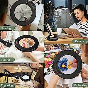 Krstlv 5X Magnifying Glass with Light and Stand, Upgrade Button 5 Color Modes Stepless Dimmable, 2-in-1 LED Lighted Magnifier Light, Hands Free Desk Lamp with Clamp for Craft Hobby Reading Close Work
