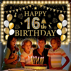 ZOIIWA 16th Birthday Backdrop Lighted Party Decorations Sweet 16 Backdrop with LED Light for Boys Girls Party Supplies Black Gold Happy 16th Birthday Photo Props Background with Light Party Favor