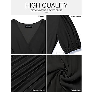 MEROKEETY Womens 2023 Summer Puff Sleeve Wrap V Neck Pleated Flowy Midi Dress for Wedding Guest,Black,M