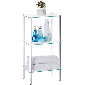 HOOBRO Glass Shelf, 3 Tier Standing Shelf Unit, Durable Glass Shelving Stand for Small Space, Space-Saving, for Bathroom, Bedroom, Home Office, Tempered Glass, Steel Frame, Silver SV03CJ01
