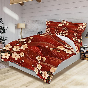 DiuuDi Romantic Blossom Duvet Cover King Size 3D Printed Red Background Wavy Lines Duvet Cover Set White Pink Flowers Festival Gift Comforter Cover Cozy Quilt Cover with 2 Pillowcases