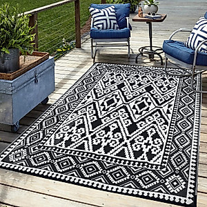 Rugcomf Outdoor Rug 8x10, Outdoor Patio Rug Waterproof for Outside Your Rv, Outside, Camping, Deck, Porch, Balcony, Backyard, Picnic Black and White