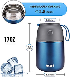 MAXSO Soup Thermo for Hot & Cold Food for Adults Kids, 17 oz Vacuum Insulated Steel Lunch Container Bento Box with Spoon, Leakproof Thermal Food Jar for School Office Travel - Dark Blue