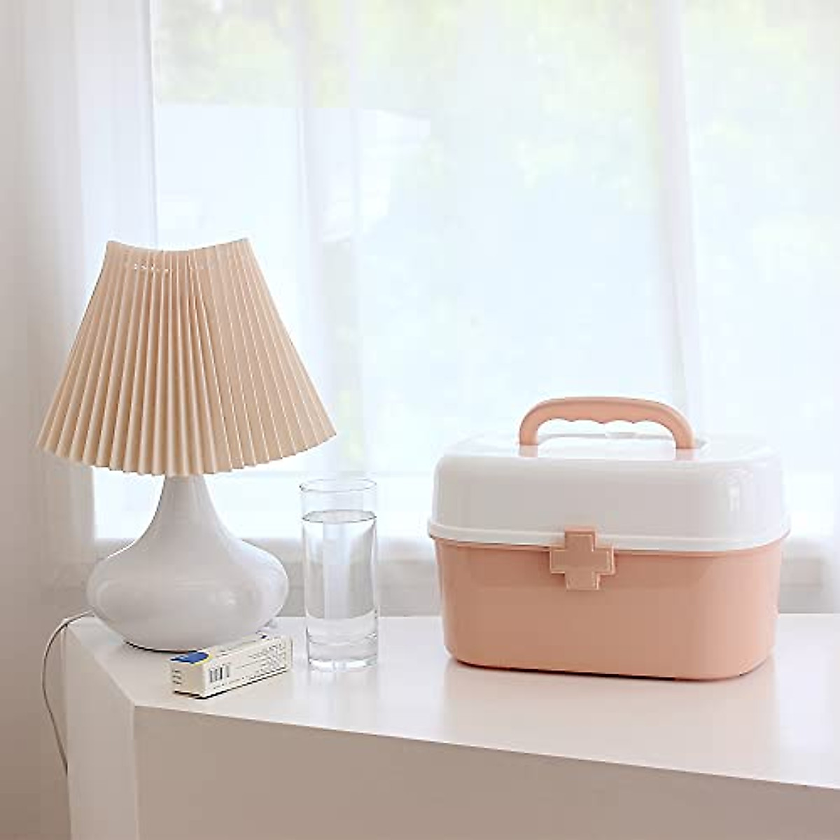 BangQiao Plastic First Aid Storage Box Container Bin with Removable Tray and Portable Handle, Family Emergency Medicine Kit Case Organizer, White&Pink